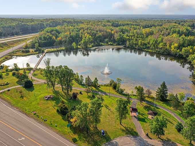 Former mining operations transformed into peaceful parks, complete with fountains that dance across the water.