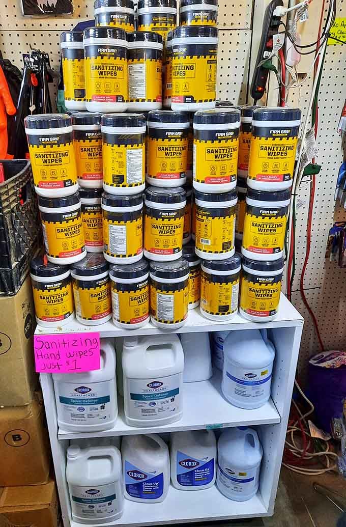 Sanitizing wipes stacked high prove that practical meets preparedness in the most organized fashion possible.