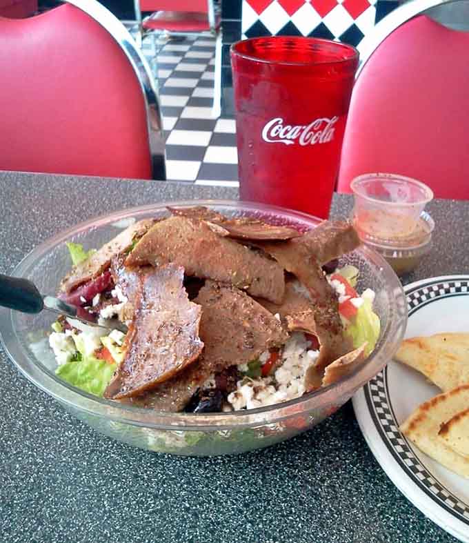 When your salad comes loaded with gyro meat, suddenly eating healthy doesn't feel like punishment at all.