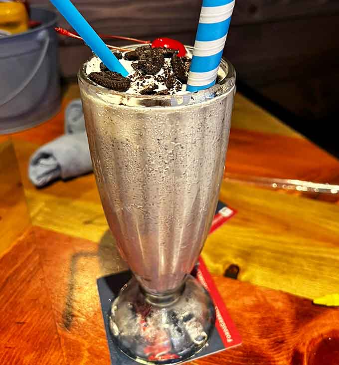 This Oreo shake is thick enough to stand a spoon in and sweet enough to smile about.