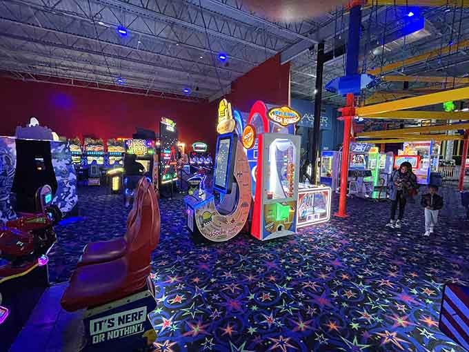 The arcade section glows like a neon dream from the '80s, except with better graphics and fewer mullets involved.