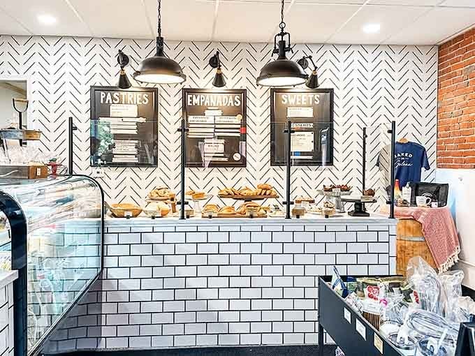That herringbone tile and subway tile combo creates a space that's both modern and timeless, just like good baking.