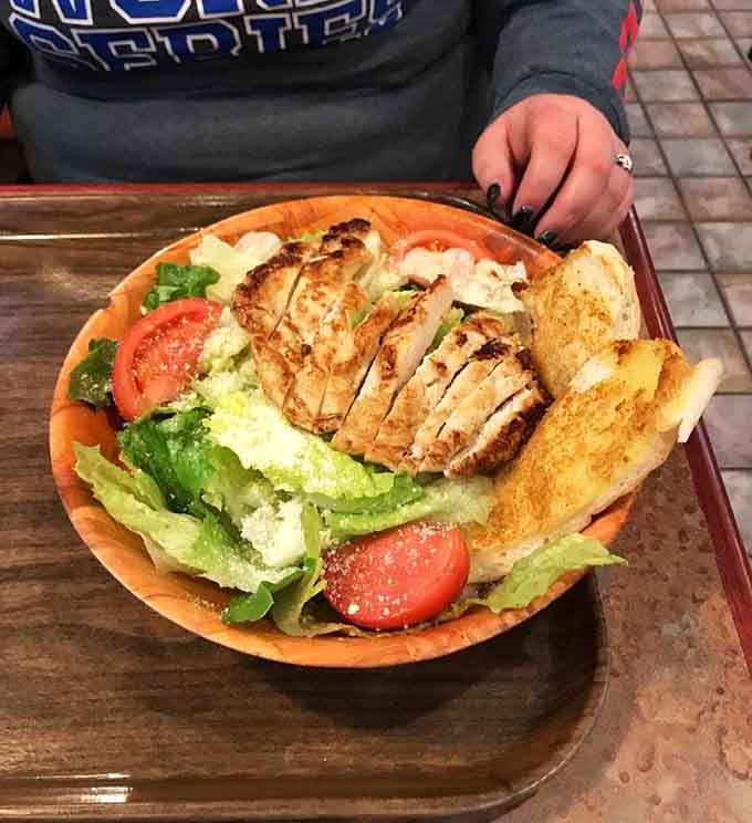 Even the salads here come with grilled chicken that's been treated right, proving vegetables can party too.