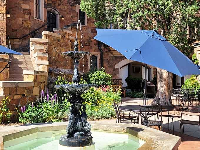 Garden fountains and outdoor seating prove that castle life includes plenty of fresh air and Colorado sunshine.