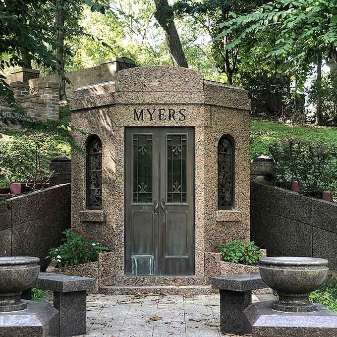 Art Deco meets eternal rest in this stunning Myers mausoleum, where even the metalwork deserves its own museum exhibit.