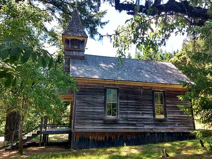 Simple wooden pews in a frontier church where faith and community were the only amenities anyone needed.