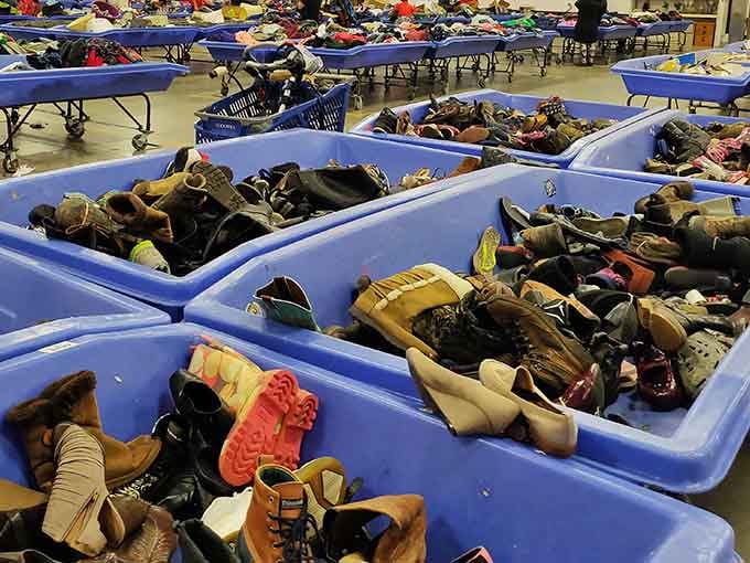 Bins of footwear offer everything from boots to sneakers, because everyone deserves a second chance, including shoes.