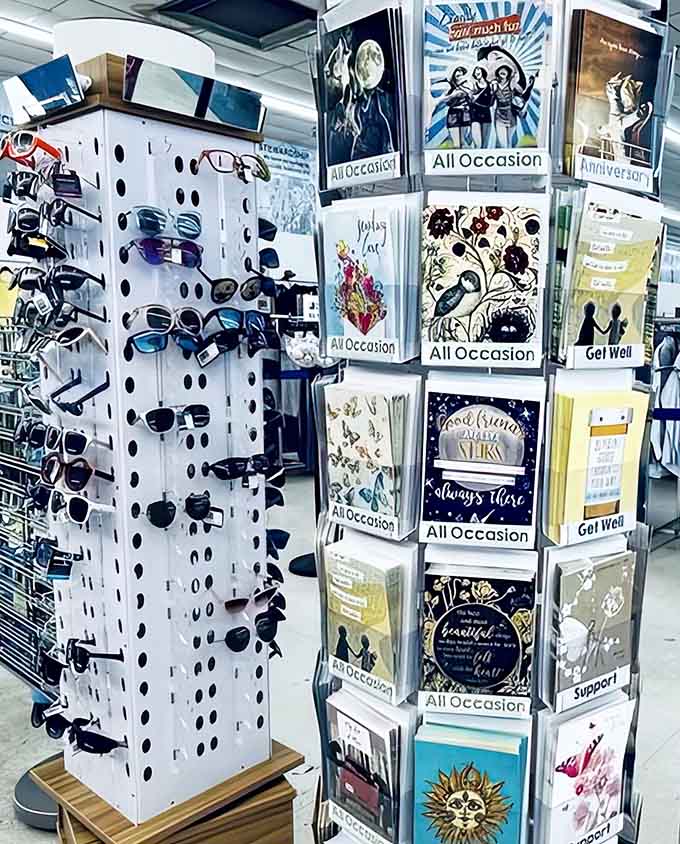 Sunglasses and greeting cards share shelf space, covering both your eye protection and emotional expression needs simultaneously.