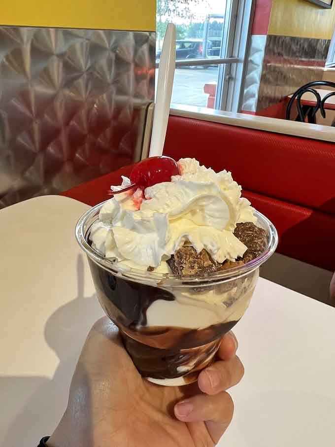 Hot fudge cascading over custard like a delicious avalanche you actually want to be caught in forever.