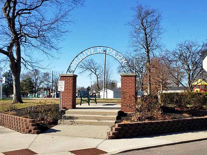 Hoover Park's welcoming archway beckoning visitors to slow down, breathe deep, and remember what community spaces should feel like.