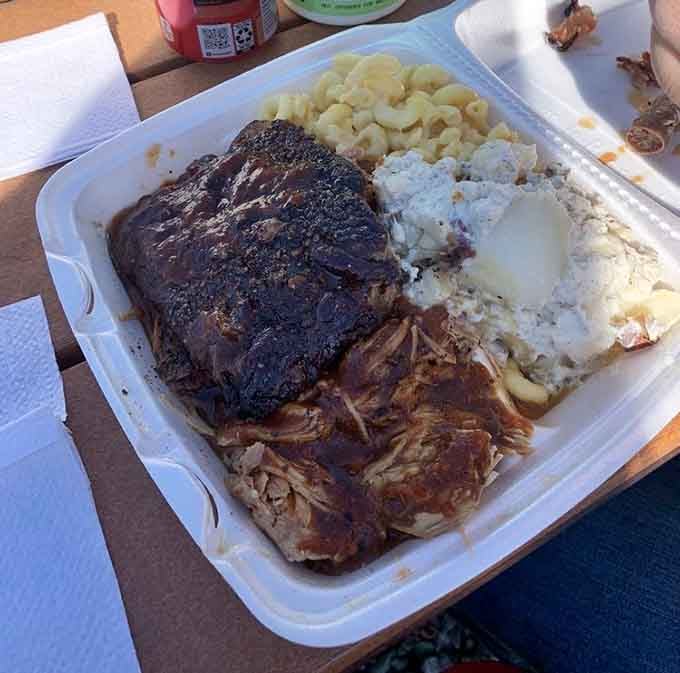 This isn't a meal, it's a commitment featuring ribs, pulled pork, mac and cheese, and potato salad.