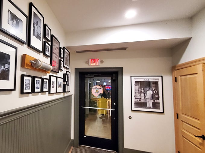 Framed photos line the walls like a family album, telling stories of donut history while you make your own sweet memories.