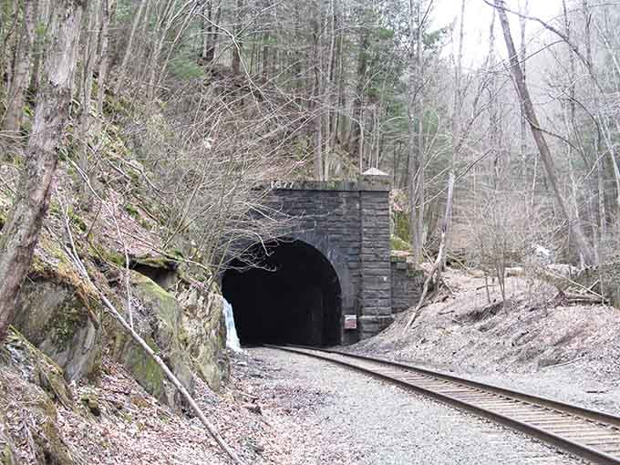 The western portal offers the same imposing presence, a reminder that mountains don't surrender easily to human ambition.