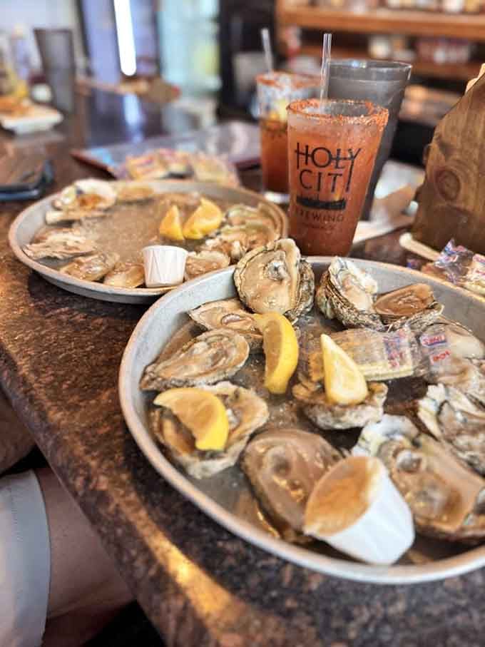 Fresh oysters on ice with a Bloody Mary: the Charleston power breakfast that tourists dream about.