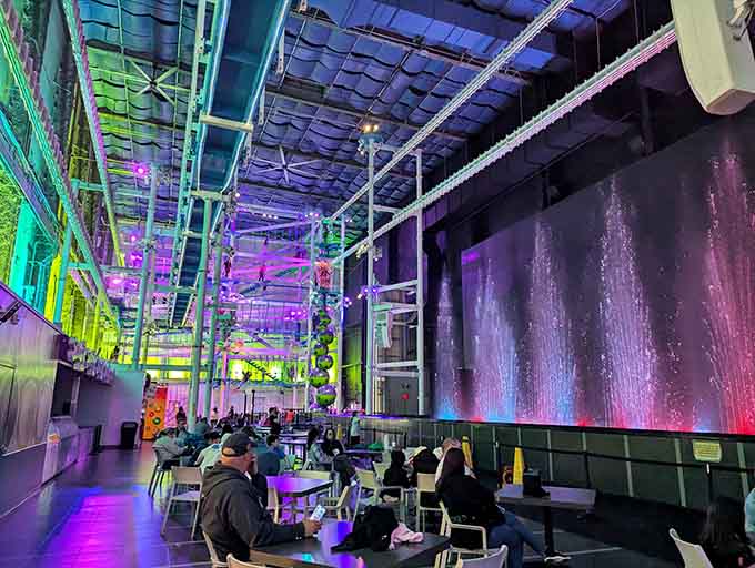 That seating area with the waterfall backdrop is where spectators watch their loved ones question every fitness decision they've ever made.