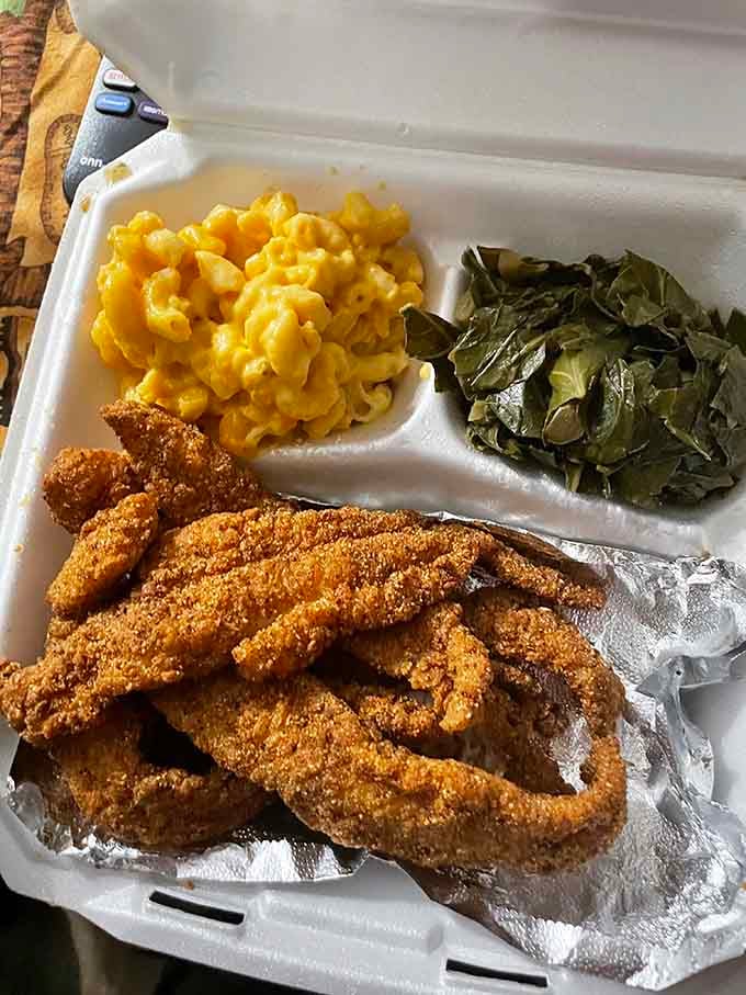 Fried fish with mac and cheese and collard greens, because sometimes you need a break from meat.