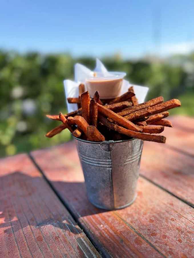 Sweet potato fries in a bucket with sauce, because regular presentation is for regular restaurants.