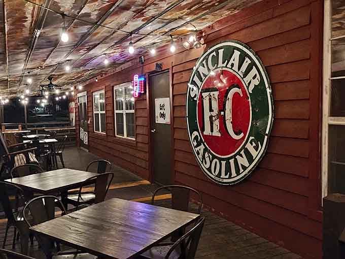 The Sinclair gasoline sign adds vintage Americana charm to a space already dripping with authentic mountain character and personality.