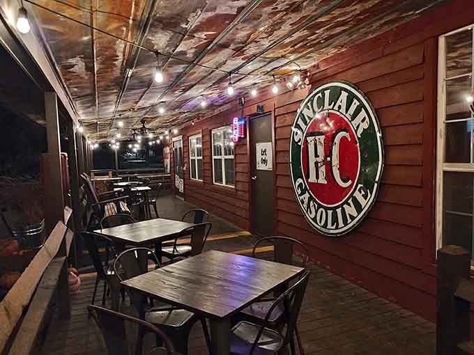 Covered porch seating where you can enjoy mountain breezes with your brisket&mdash;outdoor dining done right.