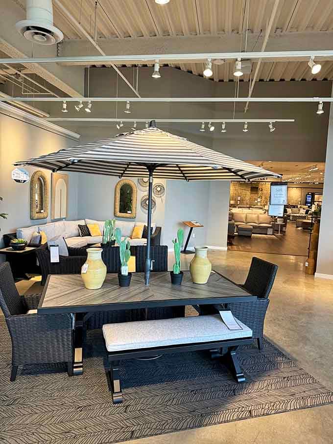 Outdoor furniture with an umbrella that makes your backyard feel like a resort you actually own.