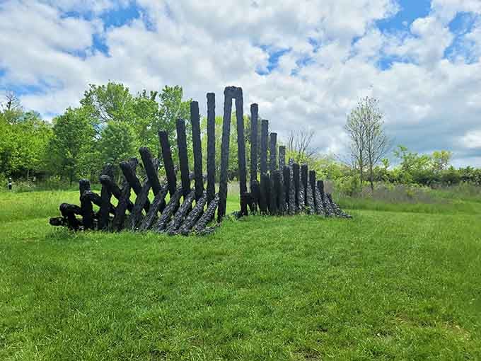 Black metal ribs curve skyward like a dinosaur fossil reimagined by a modern artist with serious welding skills.