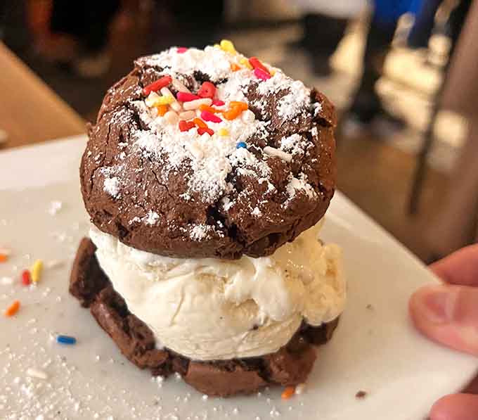 Two chocolate cookies sandwiching vanilla ice cream, dusted with powdered sugar and childhood memories.