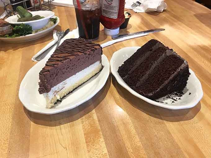 Two slices of chocolate heaven proving that life's biggest decisions often come down to fudge versus mousse.