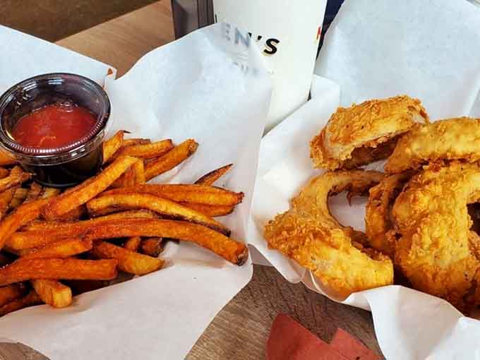 Golden onion rings and crispy fries providing the crunchy supporting cast to your meaty main event performance tonight.