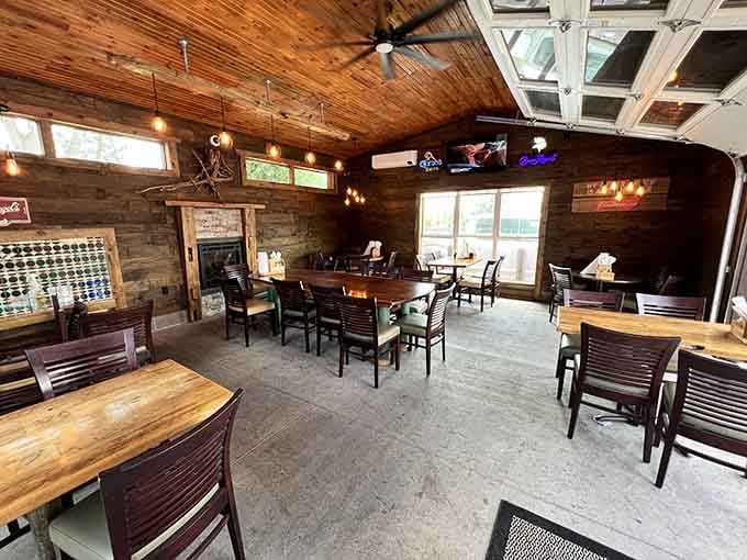 Wood paneling and comfortable seating create the kind of dining room where you'll want to linger long after finishing.