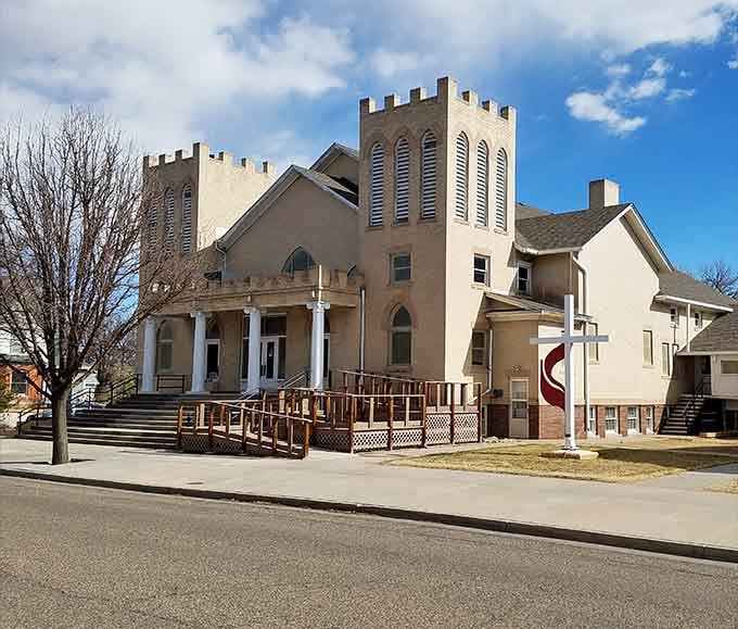 United Methodist Church's Gothic Revival towers add architectural dignity to a town that values substance over flash.