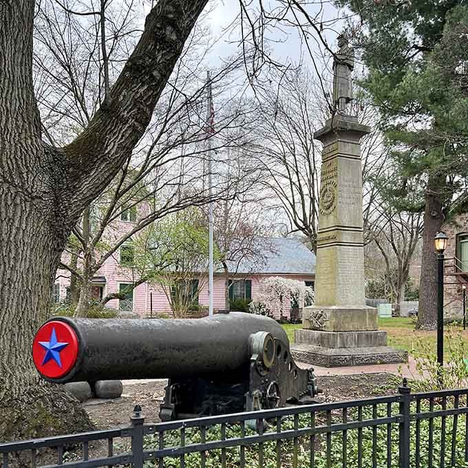 This historic cannon stands guard in the park, a reminder that even peaceful river towns have witnessed their share of drama.