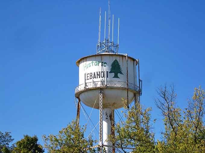 The water tower proudly announces "Historic Lebanon" like a lighthouse guiding travelers to small-town charm and good times.