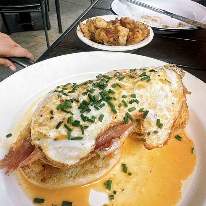 Breakfast plates piled high with eggs and bacon remind you that mornings were meant for indulgence, not regret.