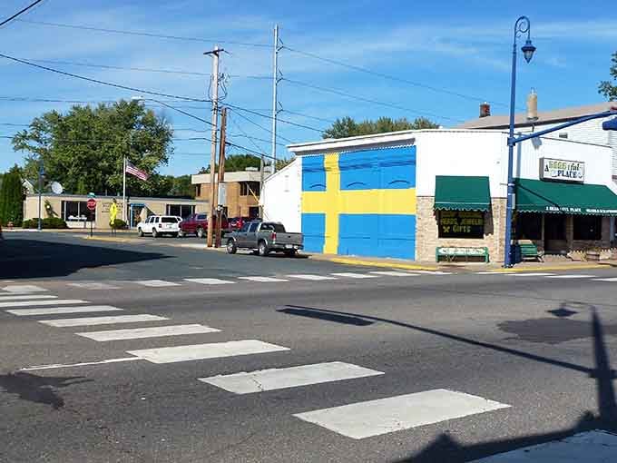 That Swedish flag mural is bigger than most Minneapolis apartments and approximately one thousand times more cheerful to look at daily.