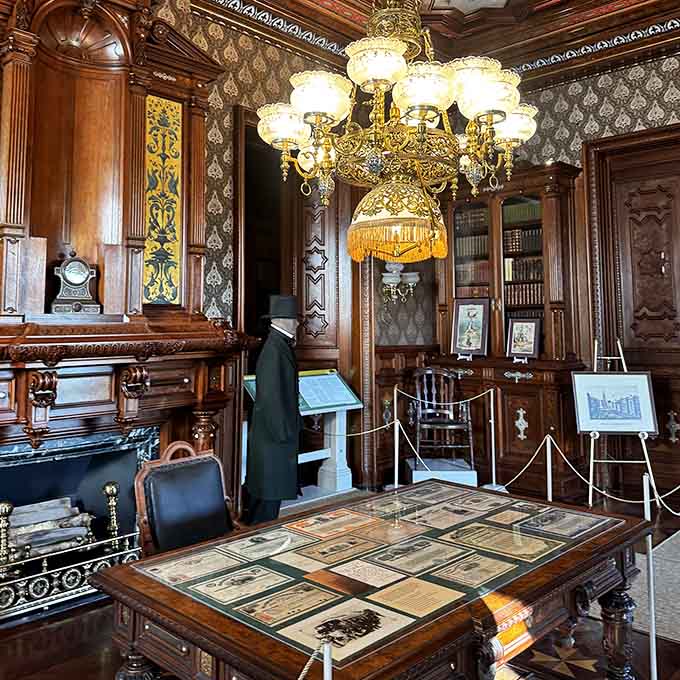 The library's gilded chandelier and ornate ceiling prove that Victorians believed reading required proper atmospheric drama and excellent lighting.