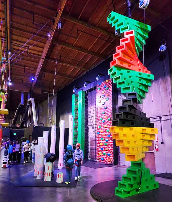 Giant foam building blocks stack skyward in brilliant colors, like someone supersized your childhood toys magnificently.