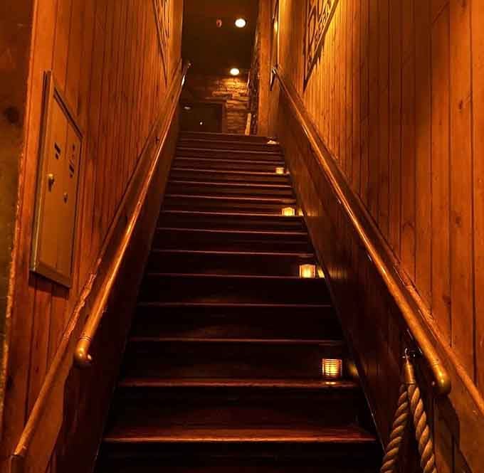 Stairs lit like a pathway to margarita paradise, which is exactly what they are, honestly.