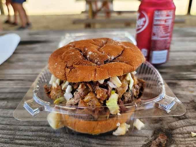 That pulled pork sandwich is piled so high it's practically defying gravity, which is exactly how barbecue sandwiches should behave in a perfect world.