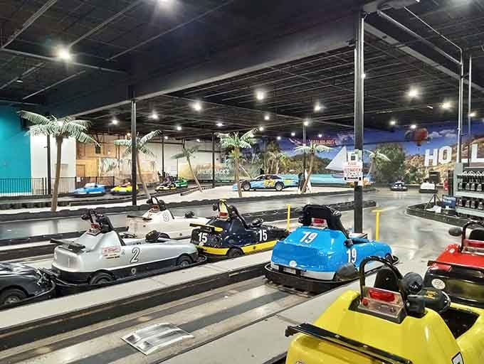 The go-kart track stretches out like a miniature highway where traffic laws are suggestions and everyone's suddenly a Formula One driver.