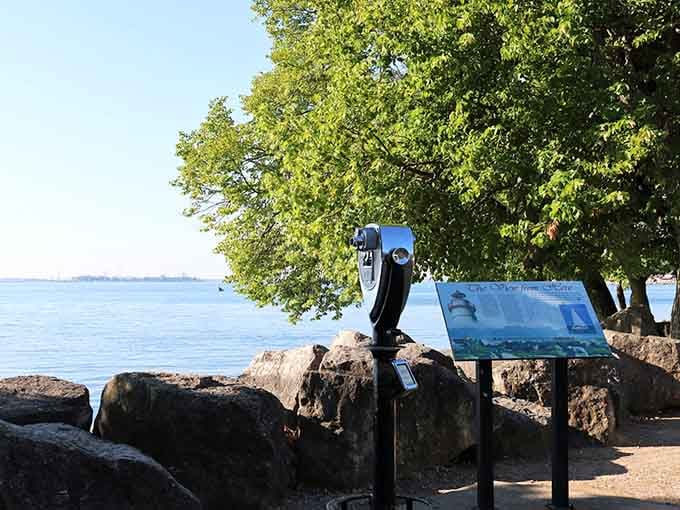 Educational viewfinders let you spot distant islands while standing on rocks older than your great-great-great-grandparents' grandparents.