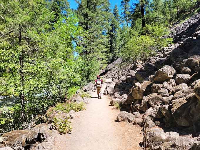 Rocky trails wind alongside the falls, offering new perspectives with every step you take down the path.