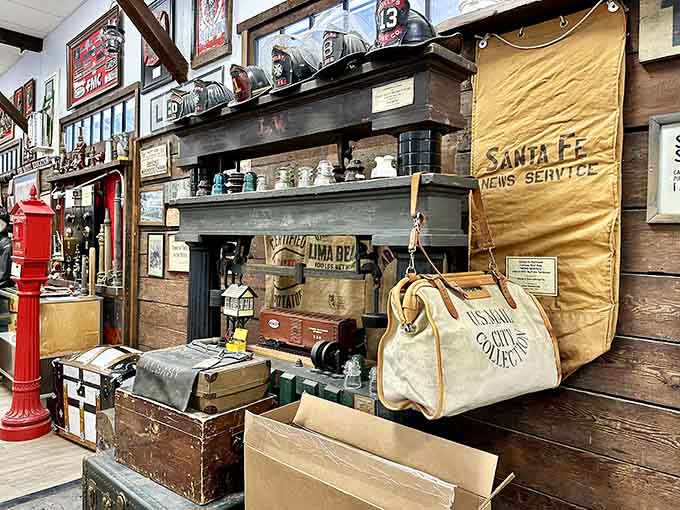 That Santa Fe News Service bag and vintage station equipment tell stories of mail, messages, and cross-country connections.