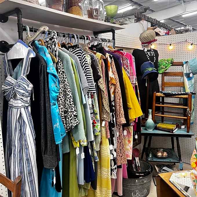 Clothing racks bursting with patterns and colors that make today's fast fashion look sadly disposable by comparison.