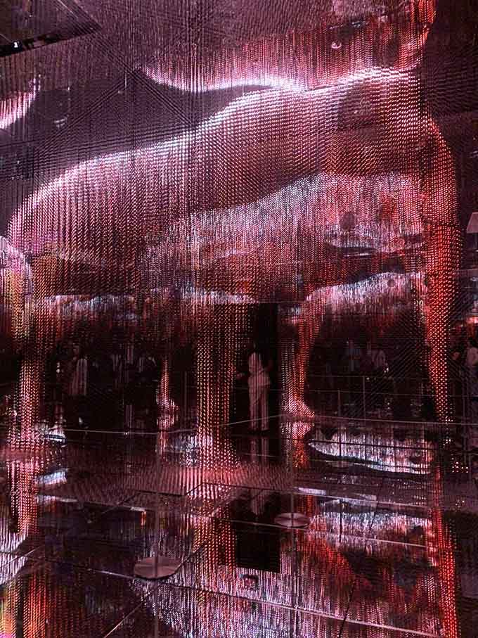 Cascading light installations create waterfalls of pure color that flow across every surface imaginable.