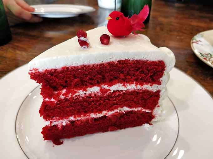 Red velvet cake this vibrant practically glows, topped with a cheerful cardinal because why shouldn't dessert have personality too?
