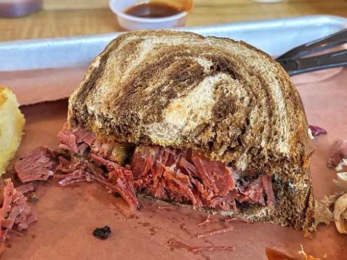 Pastrami on marble rye proves this joint isn't afraid to color outside the traditional barbecue lines beautifully.