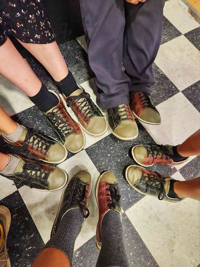 Rental shoes in every color of the rainbow, ready to help you slide into bowling glory.