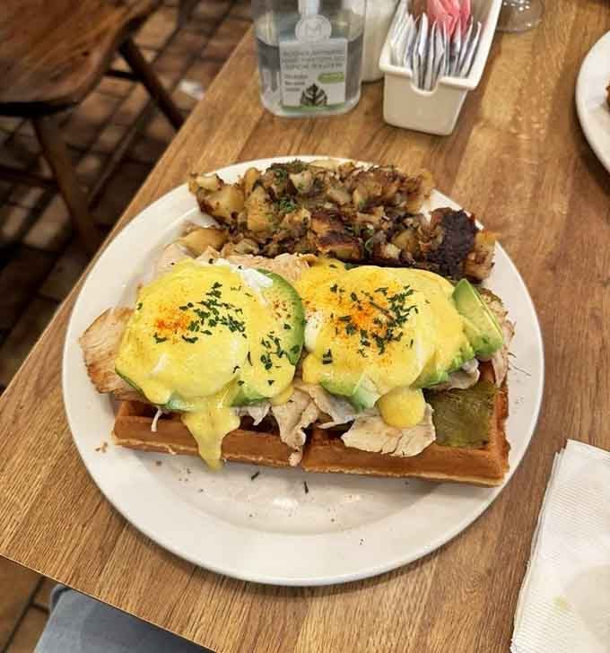 Eggs Benedict decided to ditch the English muffin and upgrade to a waffle, proving innovation isn't dead.
