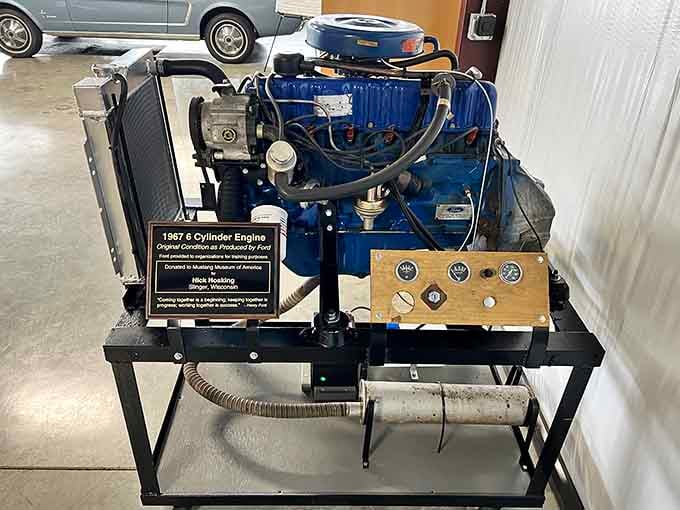 The beating heart of a classic Mustang, displayed like mechanical art in a museum gallery.