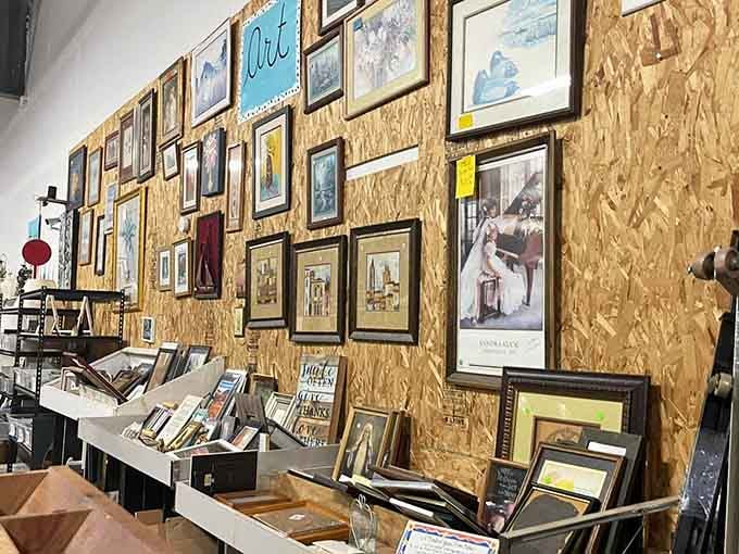 Framed art covers the walls like a gallery opening where everything's actually affordable and available.